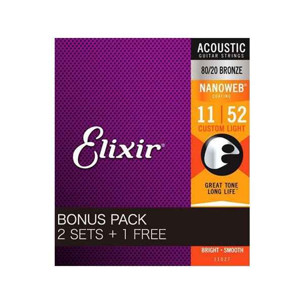 ELIXIR 【Bonus Pack 2sets+1set Free】 Acoustic 80/20 Bronze with NANOWEB Coating #11027 (Custom ...